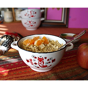 20-ounce Footed Ceramic White Soup Cereal Bowls with Handles - Set of 4 - Fox Folk Art Dinnerware Crocks