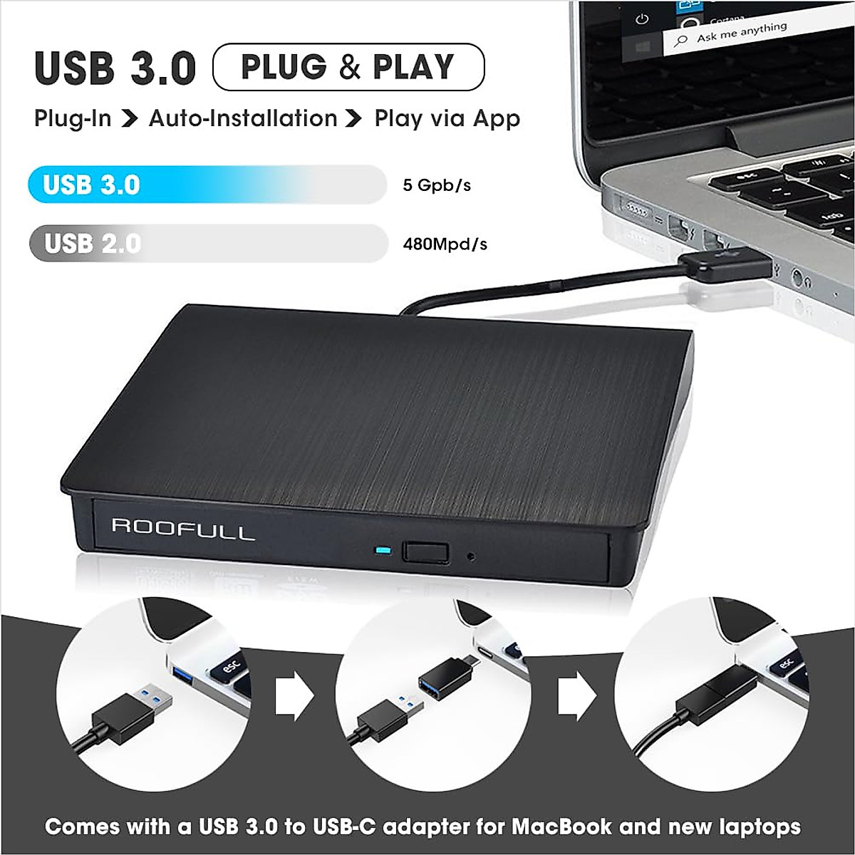 ROOFULL External CD/DVD Drive USB 3.0 Portable CD DVD Player Burner Reader Writer CD/DVD-ROM +/-RW Optical Disk Drive for Laptop PC Mac Windows 11/10/8/7 Linux Computer with Carrying Case