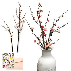 SNAIL GARDEN 2Pack Artificial Plum Blossom Flowers, Faux Long Stem Plum Blossom Bouquet with 13 Heads Full Bloom Plum & 23 Silk Flower Buds-Fake Plum Branches for Home Table Decoration (33.5", 21.2")