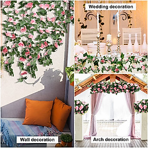 Hoteam 12 Pcs (90 Ft) Pink Fake Rose Vine Garlands for Wedding Artificial Rose Vine Plants Room Decor Flowers Hanging Rose Garland for Wall Wedding Party Backdrop Garden Craft Art Decorations