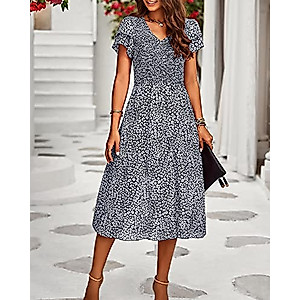 BTFBM Women Casual Summer Short Ruffles Tiered Sleeve Smocked Midi Dresses Bohemian Floral V Neck Wedding Guest Long Dresses（Floral Dark Blue,Large