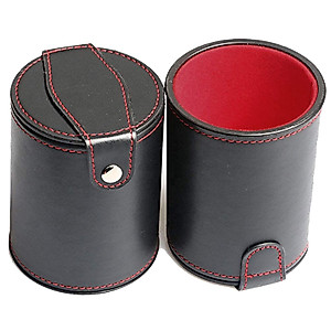 Cyber-Deals Black PU Leather Red Felt Lined Dice Cup with Storage Compartment + 15mm Ivory Tone Pip Dice (3 Sets)