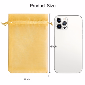 Hopttreely 100pcs Gold Organza Gift Bags, 4 x 6 inch Satin Drawstring Candy Mesh Favor Bags Jewelry Pouches for Christmas Wedding Party