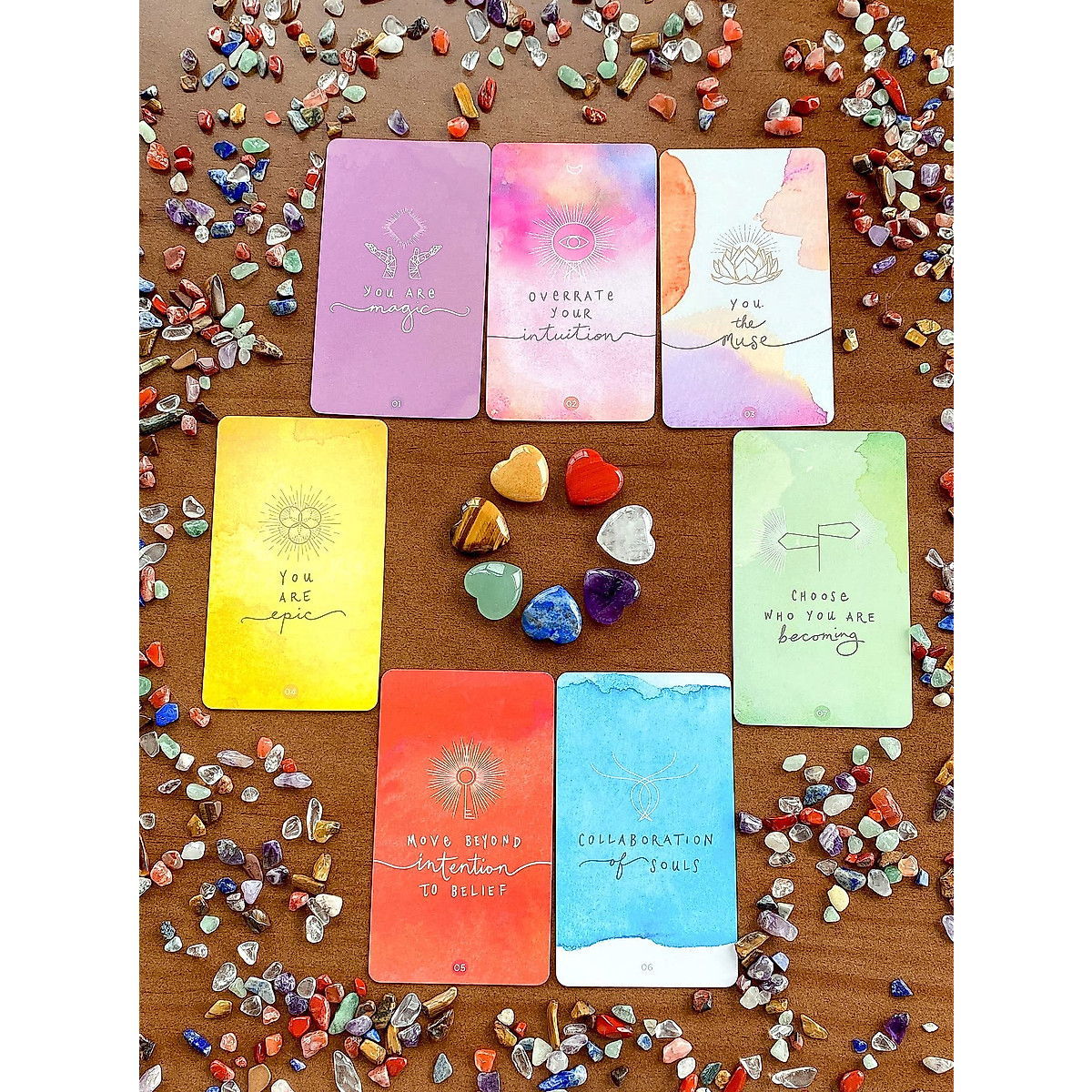 7 PCS Chakra Heart Crystals Pocket Natural Stones Polished Amethyst Palm Assorted Healing Crystal Love Shaped Gemstones 0.8" Set Reiki Energy Balancing Meditation Mother's Day Gift