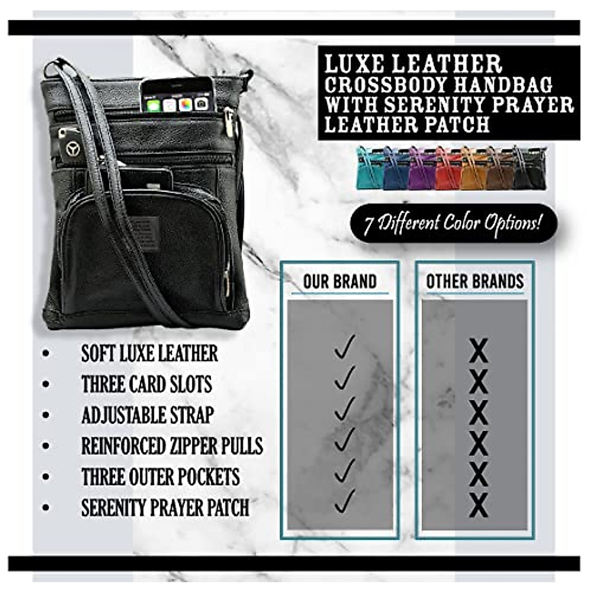 Steeltime Unisex Super Soft Leather Crossbody Bag with Lords Prayer or Serenity Prayer Patch with Carrying Strap (Serenity Prayer/Dark Brown)