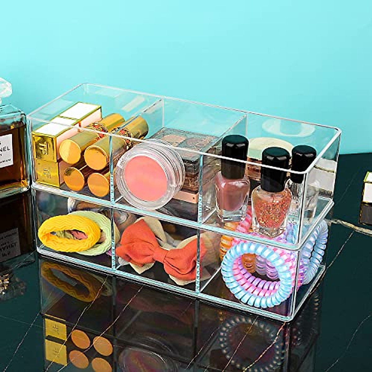 JessLab Acrylic Organizer, 2PK Cube Sections Makeup Organizer for Drawer, Makeup Organizer for Vanity, Countertop, Bathroom, Kitchen and Cabinet Storage(3+3 Compartment)