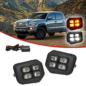 GTINTHEBOX for 2016 2017 2018 2019 2020 2021 2022 Toyota Tacoma 4-Eyes DRL LED Fog Lights Amber Turn Signal Lamps White Daytime Running Lights