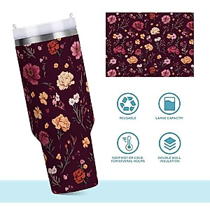 linqin Pink Flowers Peonies Burgundy Vacuum Tumbler Insulated Leak-proof Lid and Straw 40 oz Stainless Steel Water Bottle Reusable Office Mug for School, Daycare, Camp