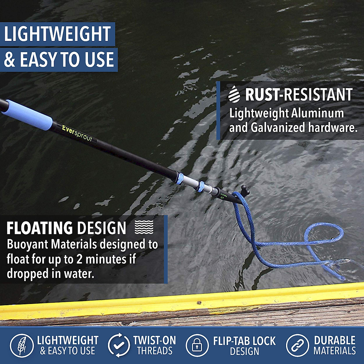 EVERSPROUT 5-to-12 Foot Telescoping Boat Hook | Floats, Scratch-Resistant, Sturdy Design | Durable & Lightweight, 3-Stage Anodized Aluminum Pole | Threaded End for Boat Accessories (12 Feet)