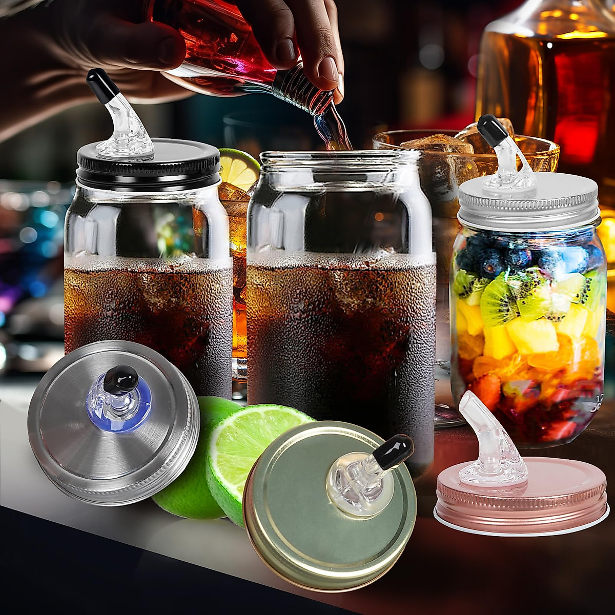 Mason Jar Lids with Pour Spouts,Moonshine Free Flow Pouring Dispenser,fit 2.75 Inch Regular Mouth Mason Jar,Dust Proof Cover,Silver QurHapzy(2Pack)