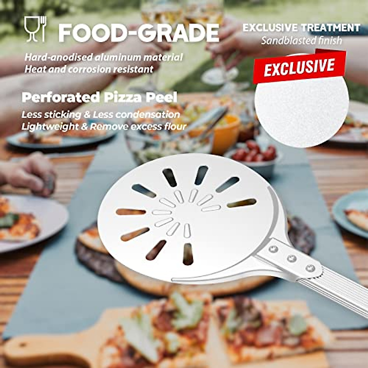 Pizza Turning Peel 8-inch Round Head Pizza Turner, Anodized Aluminum Perforated Pizza Peel Spinner with Long Handle, Pizza Oven Accessories