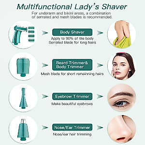 Electric Razor for Women, 4 in 1 Womens Electric Razor, Cordless Protable Body Hair Removal for Eyebrow Face Nose Legs Underarms and Bikini Line, Personal Womens Shaver Set for Wet and Dry
