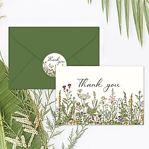 Whaline 24 Pack Vintage Wild Floral Thank You Cards Bulk Retro Botanical Green Leaves Herbs Greeting Cards with Envelope Sticker for Birthday Wedding Baby Shower Bridal Shower