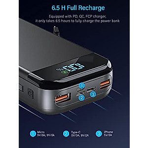 BLJIB Portable Charger 32000mAh, 22.5W QC 3.0 PD 20W Smart LED Display Fast Charging Built in Cables Power Bank, External Battery Pack Charge 5 Devices Compatible with Cellphones (Black)