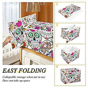 innewgogo Day Of The Dead Sugar Skulls Storage Bins with Lids for Organizing Closet Organizers with Handles Oxford Cloth Storage Cube Box for Room