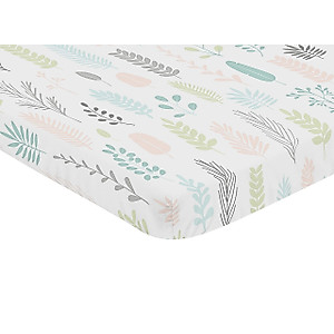 Sweet Jojo Designs Pink Grey Tropical Leaf Girl Baby Nursery Fitted Mini Portable Crib Sheet For Mini Crib or Pack and Play - Blush, Turquoise, Gray, Green Botanical Rainforest Jungle Sloth Collection