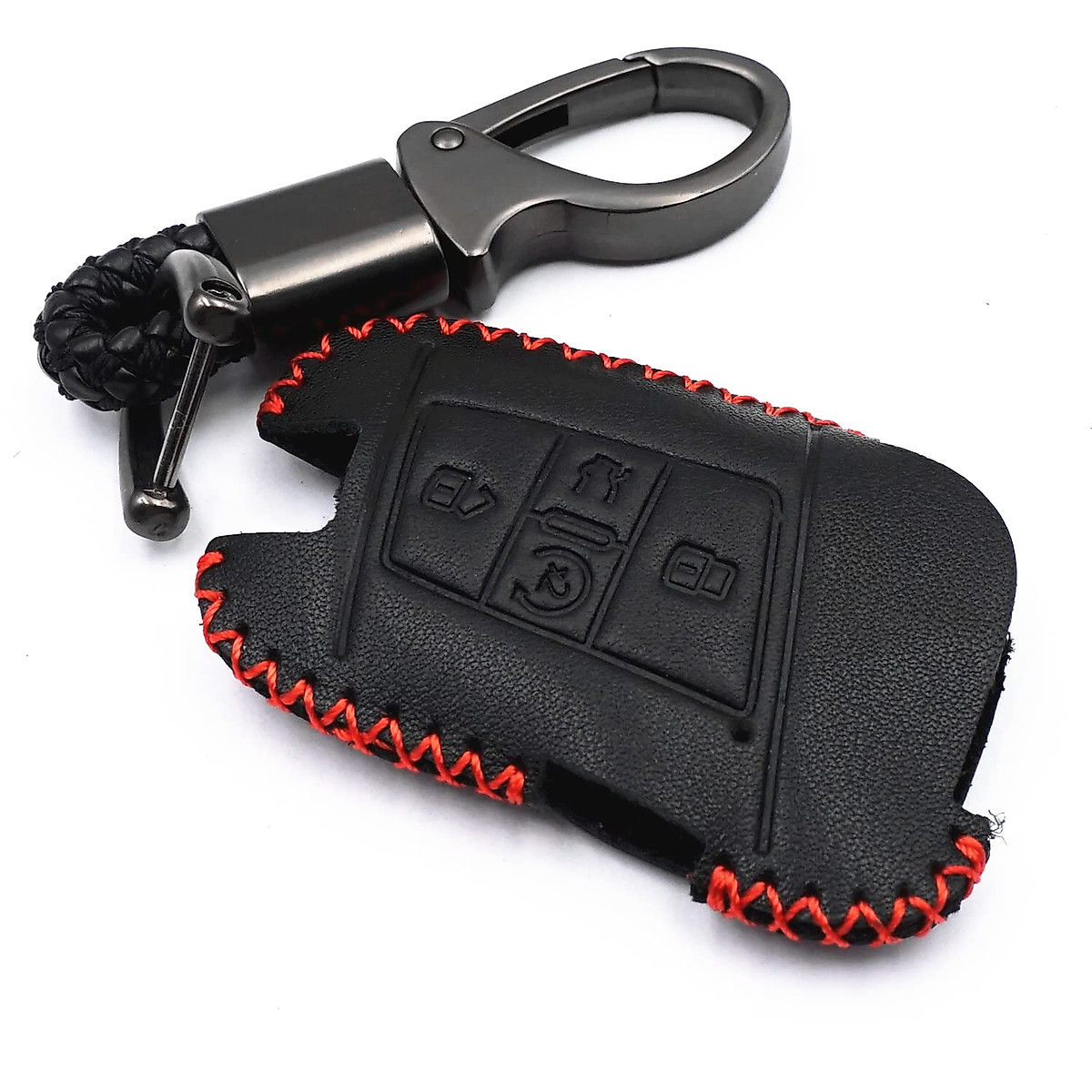 MJKEYAuto Black Leather 4 Buttons Smart Remote Key Fob Cover Chain Case for Volkswagen Tiguan Atlas Jetta Passat Golf Alltrack 2018 2019 2020 2021 2022