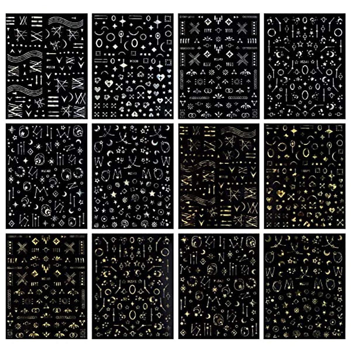 JMEOWIO 12 Sheets Moon Star Sun Nail Art Stickers Decals Self-Adhesive Pegatinas Uñas Gold Silver Nail Supplies Nail Art Design Decoration Accessories