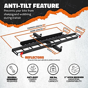 Mockins 500 lb Capacity Anti Tilt Motorcycle Hitch Carrier Set | 73" Dirt Bike Hitch Hauler | Heavy Duty Steel Motorcycle Rack for Hitch | Dirt Bike Hitch Carrier & Ramp, Straps, Stabilizer