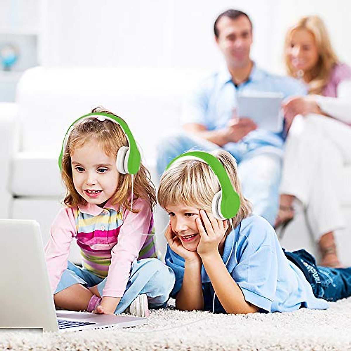 YUSONIC Kids Headphones, Two Audio Port for Sharing, Headphones for Kids with mic & Volume Limiting, Baby Children Toddlers Boys Girls Laptop Tablet Class Travel School use（Green