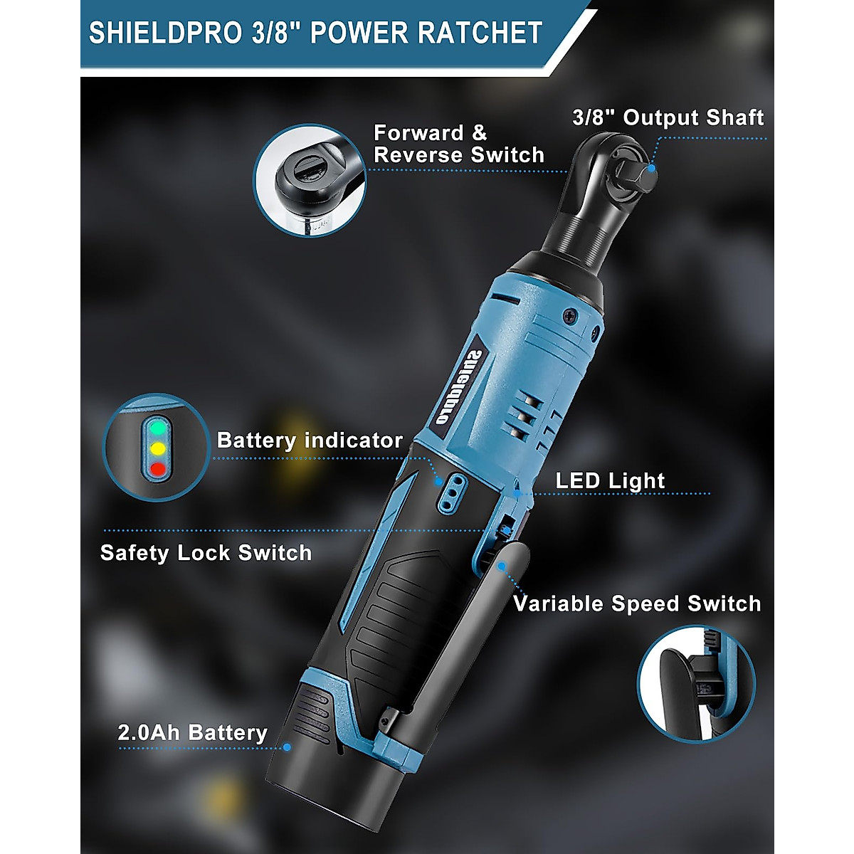 SHIELDPRO Cordless Electric Ratchet Wrench Kit,40Ft-lb 3/8" Power Ratchet Wrench 1-Hour Fast Charge,2 Packs 2000MA Lithium-Lon Battery,1/4 Adaptor,Extension Bar