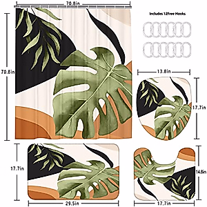 FZDHHY Abstract Tropical Shower Curtain Set Palm Leaf Botanical Bathroom Curtain Set Waterproof Bathtub Curtain with Bathroom Carpet Bath Mat Toilet Rugs