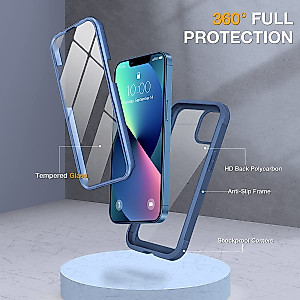 Miracase Compatible with iPhone 13 Mini case 5.4 inch, 2023 Upgrade Full-Body Glass Clear Case Bumper Case with Built-in 9H Tempered Glass Screen Protector for iPhone 13 Mini, Dark Blue