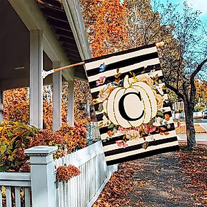 ORTIGIA Monogram Letter C House Flag Fall Pumpkin 28x40 Inch Double Sided Vertical Thankful Floral Yard Flag for Outside Burlap Family Last Name Initial Yard Seasonal Holiday Outdoor Decoration