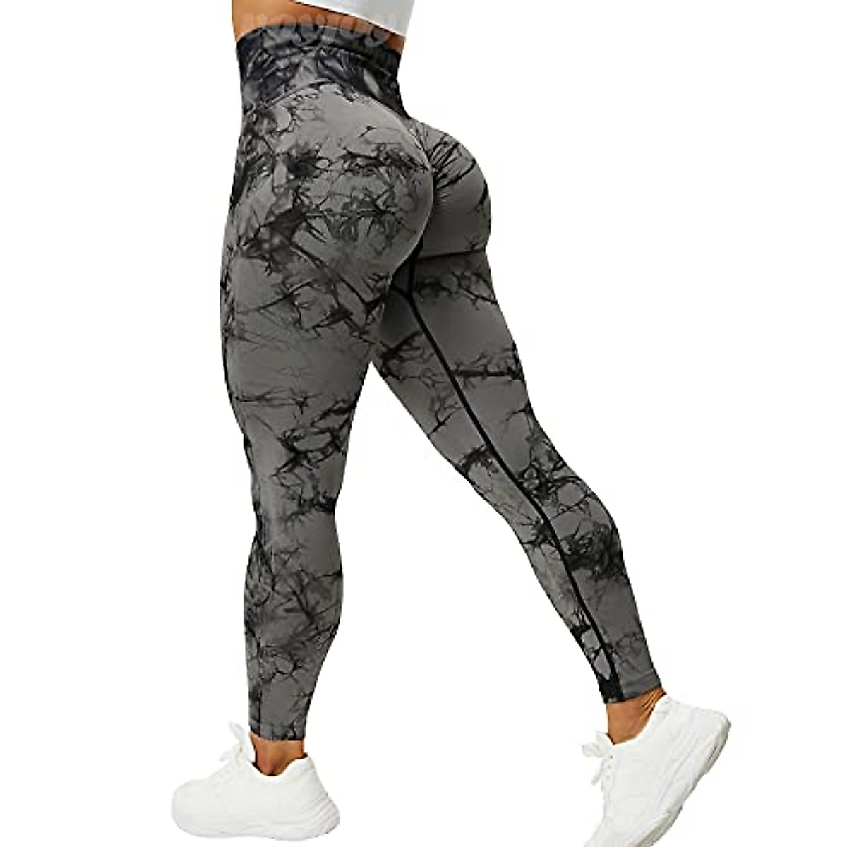 VOYJOY Tie Dye Seamless Leggings for Women High Waist Yoga Pants, Scrunch Butt Lifting Elastic Tights (#4 Black Gray, X-Large)