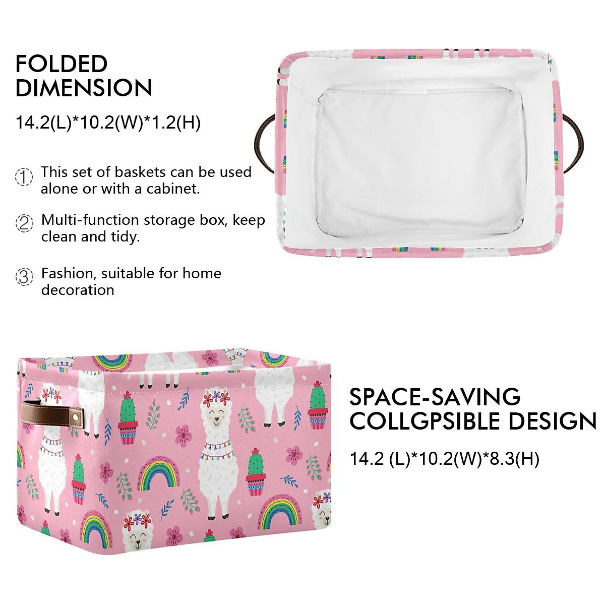 Pink Llama Rainbow Storage Basket Bins Foldable Laundry Hamper Toy Storage Bins Box Organizer for Playroom Living Bed Room Office Clothes Nursery,1 pcs