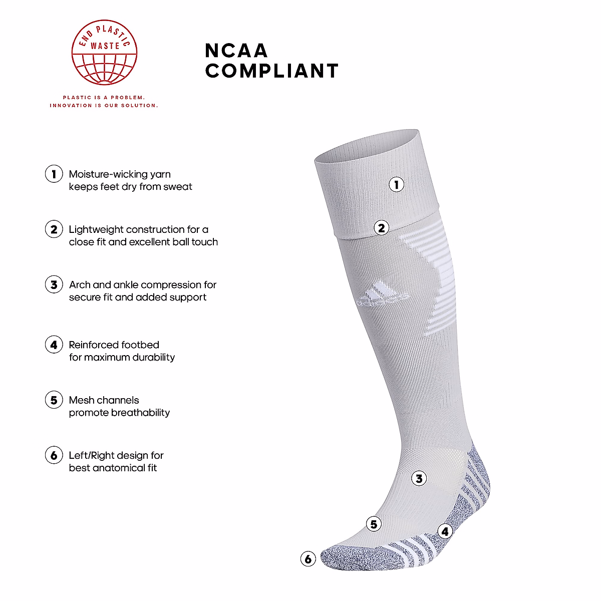 adidas Speed 3 Soccer Socks (1 Pair), Team Light Grey/White, Small