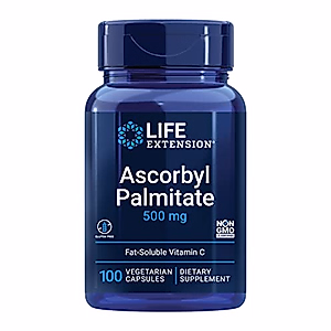 Life Extension Ascorbyl Palmitate 500mg – Fat-Soluble Vitamin C Supplement for Immune Support and Longevity – Water-Soluble Gluten-Free, Non-GMO, Vegetarian – 100 Capsules
