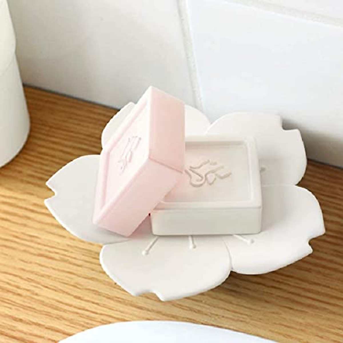 Adorable Pink Peri - 2-Pack Pink Soap Dish for bar soap Lovers | Self draining Hole Holder | Pink Floral Decor Bathroom Accessories | Zero Waste Gift (Reusable Plastic - Cherry Blossom Shape)
