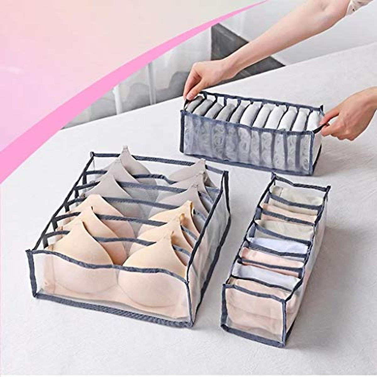 Underwear Organizer - Drawer Dividers, Set of 3 Includes 6+7+11 Cell Collapsible Closet Cabinet Storage Boxes for Organizing Lingerie, Underwear, Bras, Socks, Ties(6+7+11 Cell, Gray)