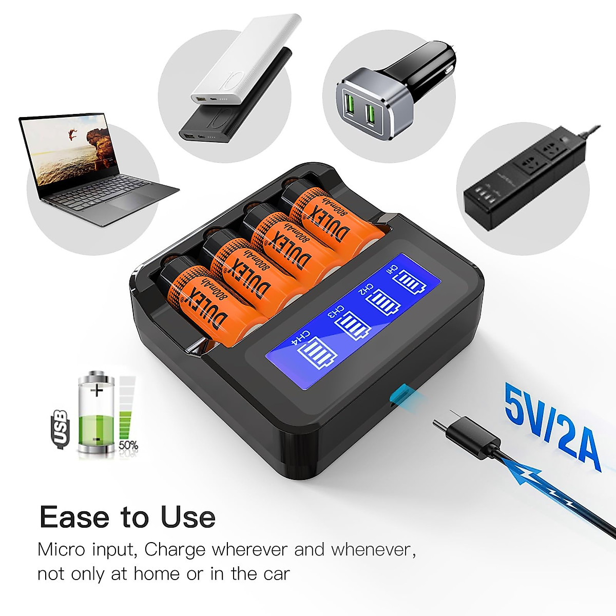 DULEX 4-Pack 3.7V 800mAH 123A Rechargeable Batteries and Charger Replacement 3V CR123A Batteries Compatible with Arlo VMS3130 VMC3030 3200 3330 3430 3530 Security Cameras, Alarm System, Flashlight