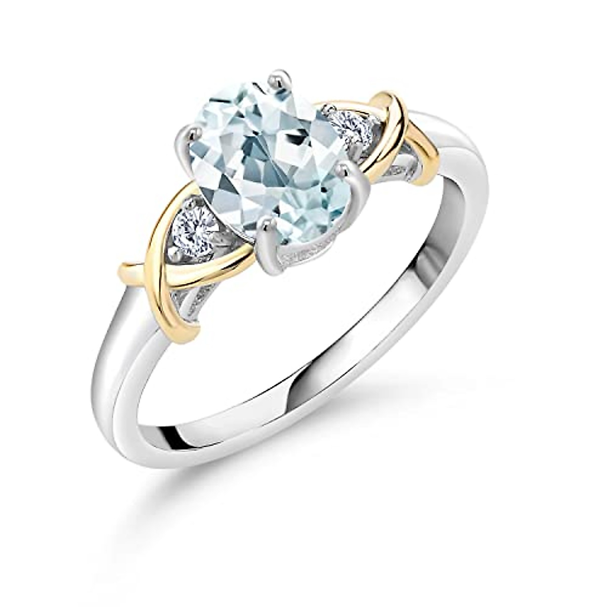 Gem Stone King 2 Tone 10K Yellow Gold and 925 Sterling Silver Sky Blue Aquamarine and White Lab Grown Diamond Ring For Women (1.28 Cttw, Available in Size 5,6,7,8,9)