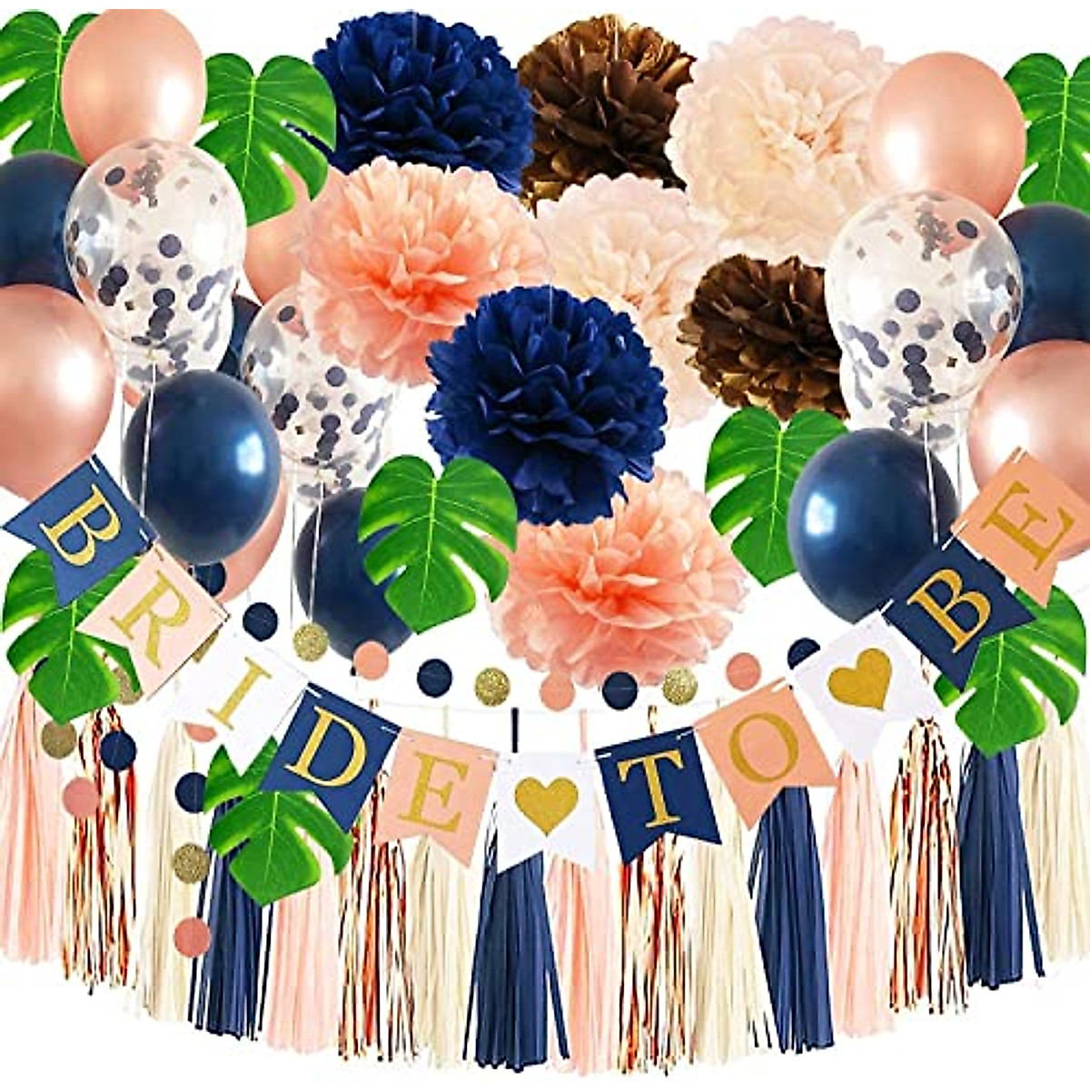 Bridal Shower Decorations Navy Champagne Qian's Party Navy Peach Champagne Confetti Ballons /Bride to Be Banner Navy Coral , Hen Party Engagement Banner Rose Gold Bachelorette Party Decorations