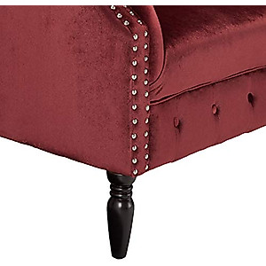 Great Deal Furniture Melaina Tufted Chesterfield Velvet Loveseat with Scrolled Arms, Garnet and Dark Brown