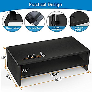 AMERIERGO Monitor Stand Riser, 2-Tier Wood Computer Stand, Ergonomic Monitor Riser Desk Organizer with Storage and Cable Management, Versatile as Storage Shelf & Screen Holder, for Laptop Printer PC