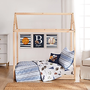 Levtex Baby - Little Sport Toddler Bed Set - Navy, Blue, Taupe, Orange - 5 Piece Set Includes Reversible Quilt 42"x57", Fitted Sheet 28"x52", Flat Sheet 45" x60in, Pillow Case 20"x26", Pillow 10"x12"