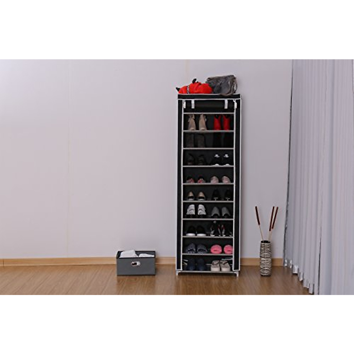 Homebi 10-Tier Shoe Rack 30 Pairs Shoe Tower Closet Shoes Storage Cabinet Portable Boot Organizer with Dustproof Non-Woven Fabric Cover and 10 Durable Shelves (Black) (Black)