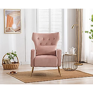 Kmax Velvet Accent Chair Mid-Century Tufted Arm Chair Gold Legs Pillow Wingback Chair for Bedroom Living Room Vanity Reading, Pink, Set of 2