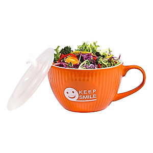 fMSDD 28oz Ceramic Meal Prep Bowl Soup Mug with Lid, Dishwasher & Microwave Safe, Lead-Free Food Container, Orange