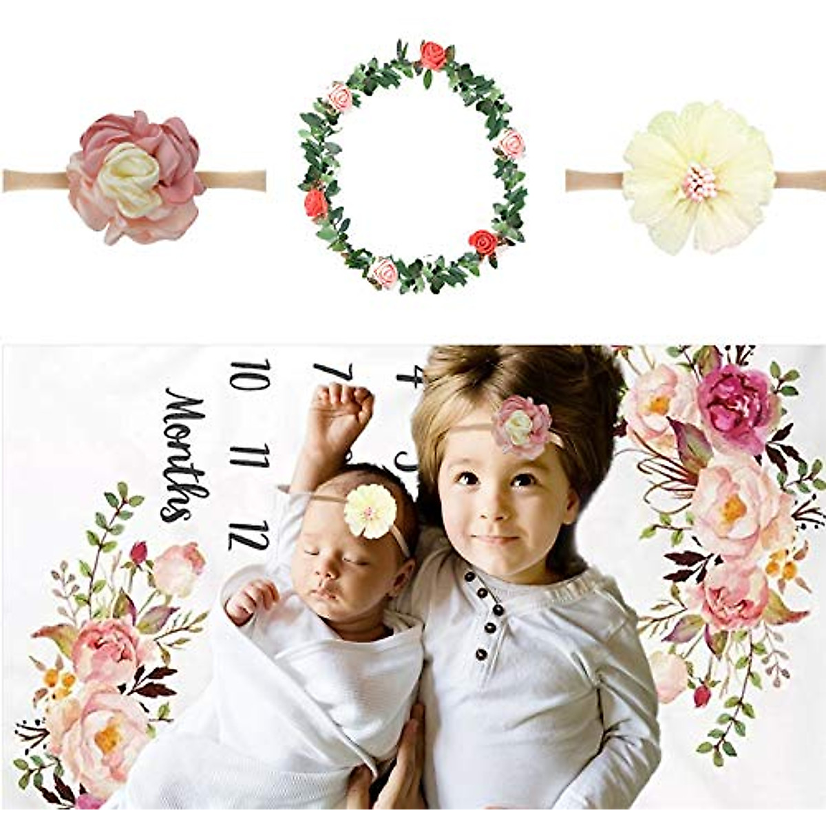 SPOKKI 4 PCS Baby Monthly Milestone Blanket, 51"x40" Premium Fleece Floral Memory Blankets kit for Newborn Girls Boys Photography Props and Mom Nursery Shower Gift (Pink)