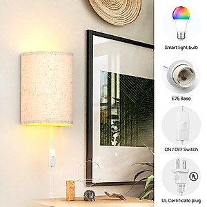 Lenarinter Wall Lamp with Plug in Cord Set of 2, Battery Operated Wall Sconces with RGB Smart Bulb & Switch Control, Linen Fabric Shade, Indoor Wall Lights for Bedroom Living Room Hallway