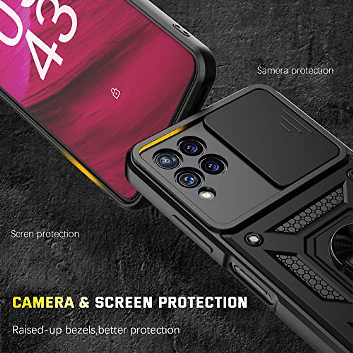 Dretal for T-Mobile REVVL 6X Pro 5G Case, REVVL 6X Pro 5G Case with Stand Kickstand Ring and Camera Cover with Tempered Glass Screen Protector, Military Grade Shockproof Protective Cover (TC-Black)