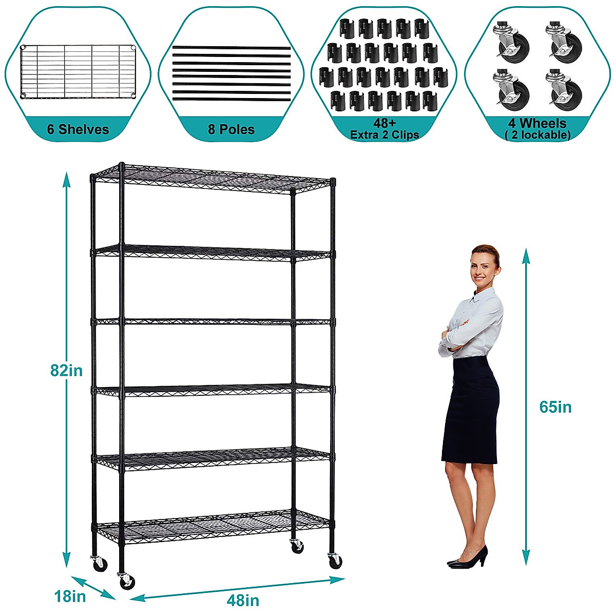 6 Tier Wire Shelving Unit Rack, NSF Heavy Duty Height Adjustable Storage Shelf Metal Shelving with Wheels/Feet Levelers for Garage Rack Kitchen Rack Office Rack Commercial Shelving - 18"x48"x82" Black