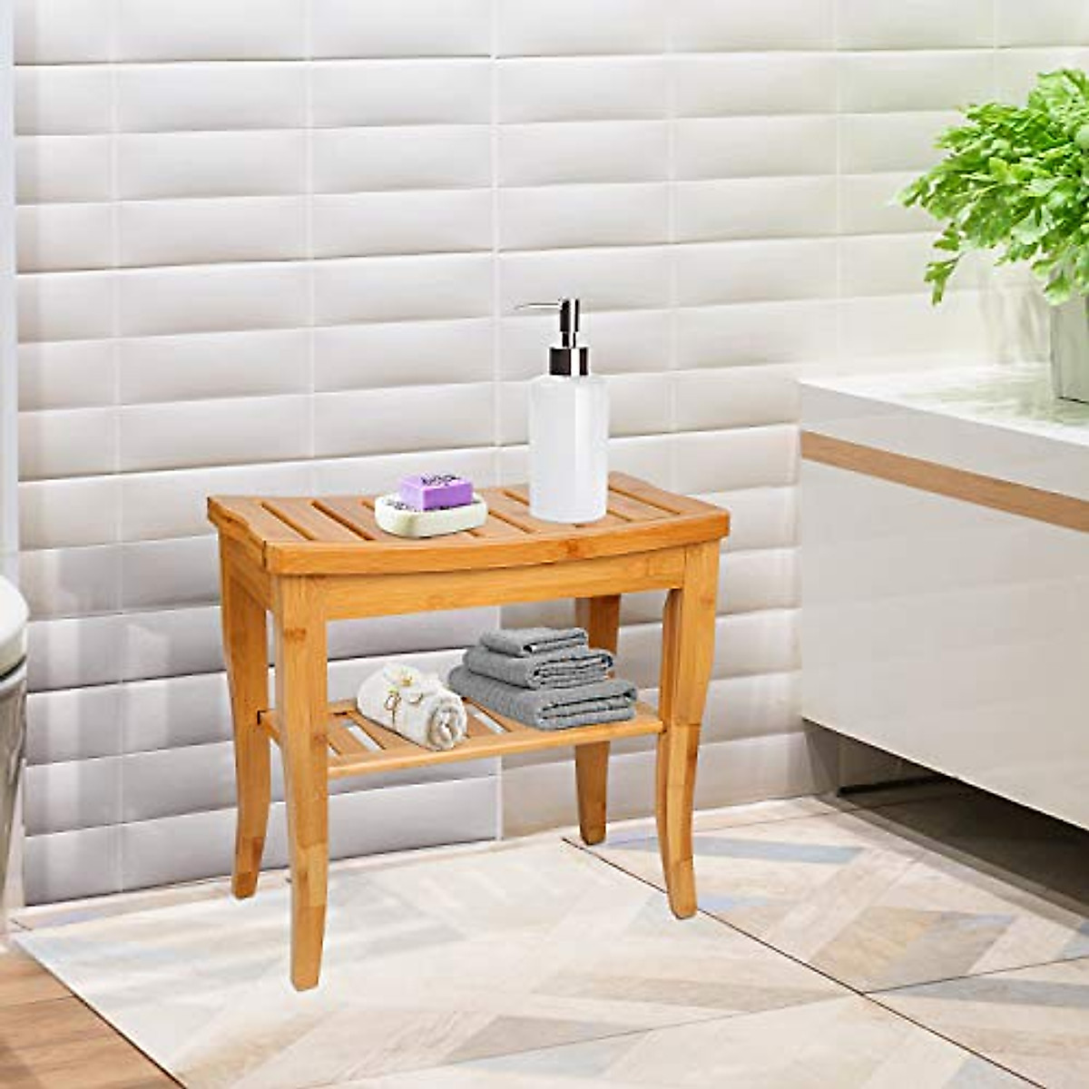 Hossejoy Bamboo Shower Bench Seat Wood Spa Bath Luxury Organizer Stool Shower Chair with Storage Shelf, Perfect for Indoor or Outdoor (19''x10.2''x17.7'')