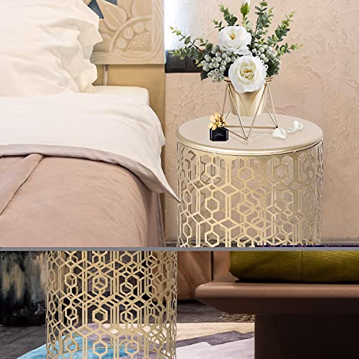 Adeco Metal Nesting Tables Set of 2, Round End Side Coffee Table Decorative Nightstands for Home Office Indoor and Garden Outdoor, Gold
