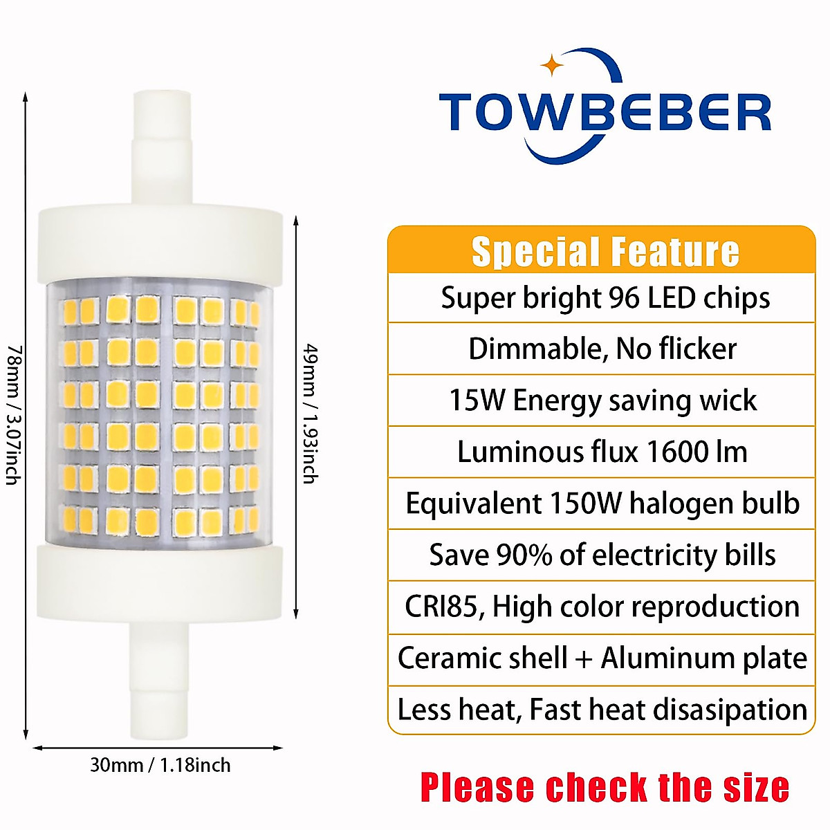 TOWBEBER R7s LED Bulb 78mm Dimmable, 15W Double Ended J78 Base T3 Floodlight 150W LED Halogen Replacement Bulbs 1600 lm Contains 96 LED Chips, 4000K Natural White CRI 85 (Pack of 2)